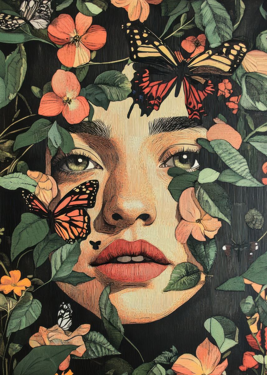 'Woman in Bloom, Flowers and butterfly woman face, woman face in ...