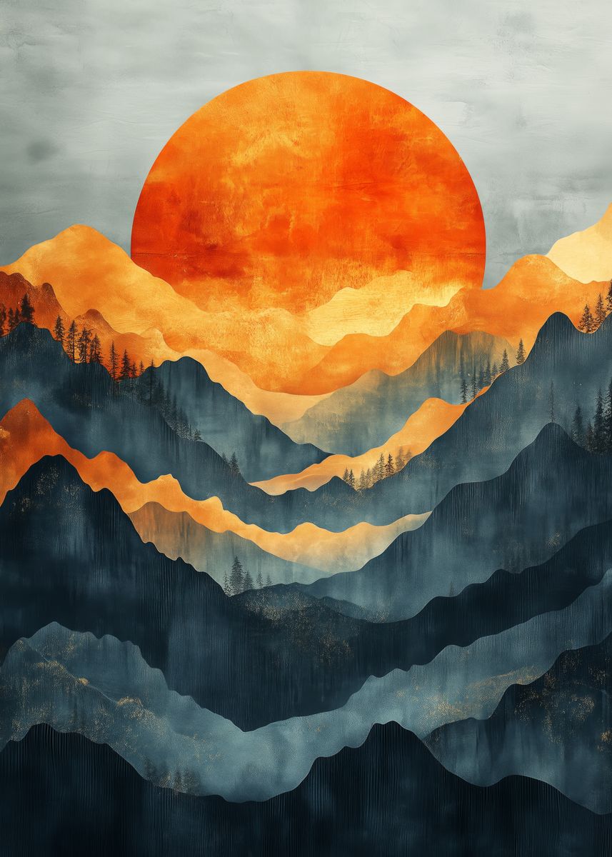 'Golden Sunset Mountains' Poster, picture, metal print, paint by Retsher | Displate