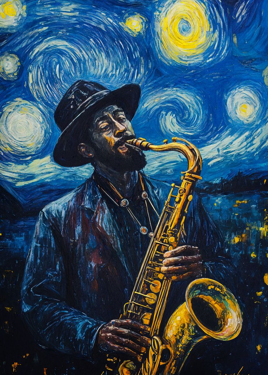 'Saxophone Starry Night' Poster, picture, metal print, paint by ...