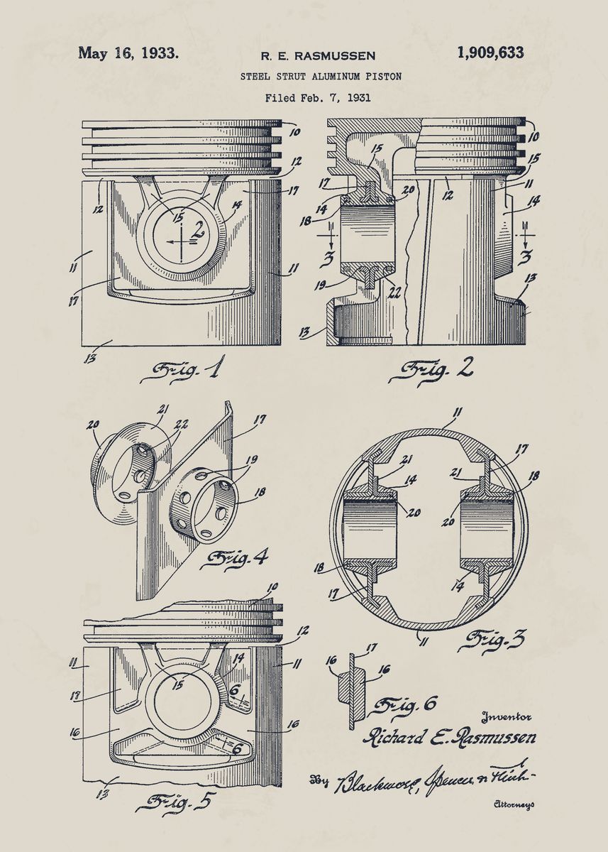 'Engine Piston Patent Illustration' Poster, picture, metal print, paint ...