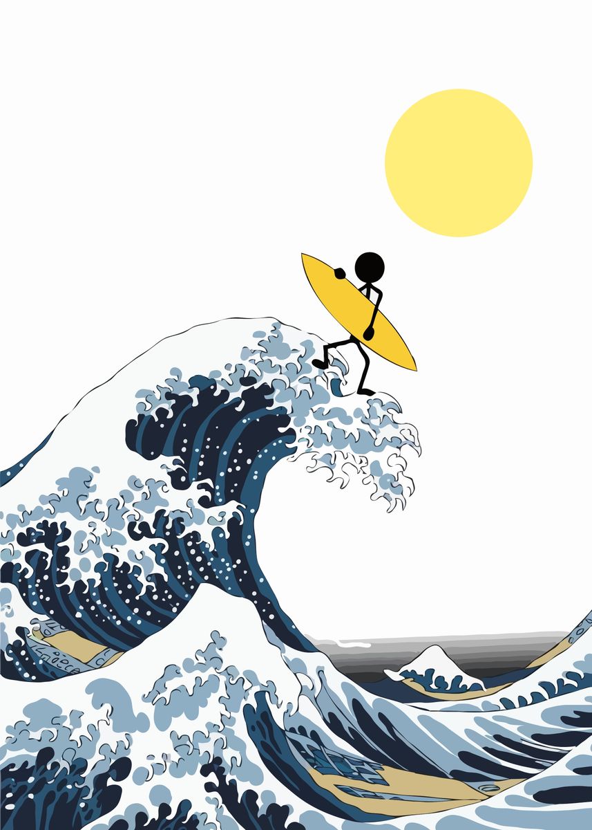 'Stick Figure Surfing Great Wave' Poster, picture, metal print, paint ...