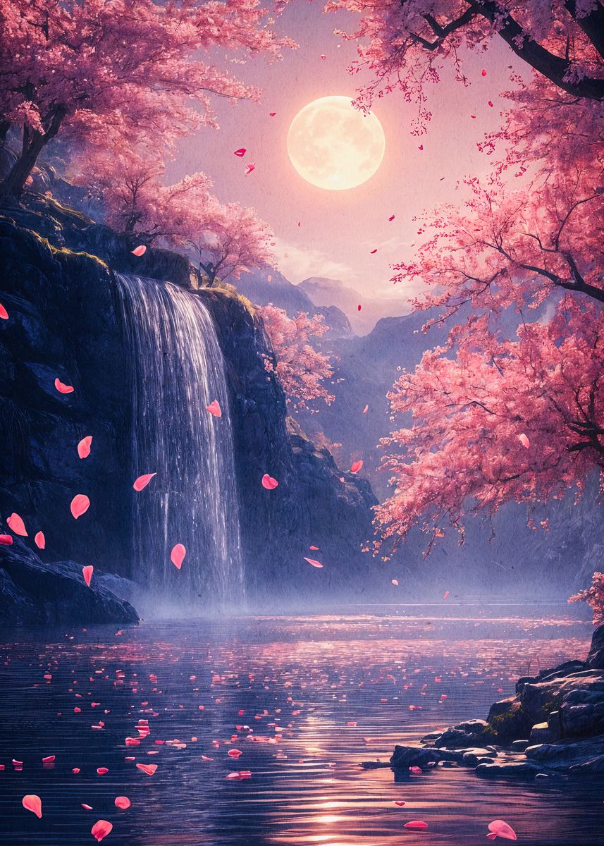 'Cherry Blossom Waterfall' Poster, picture, metal print, paint by ...