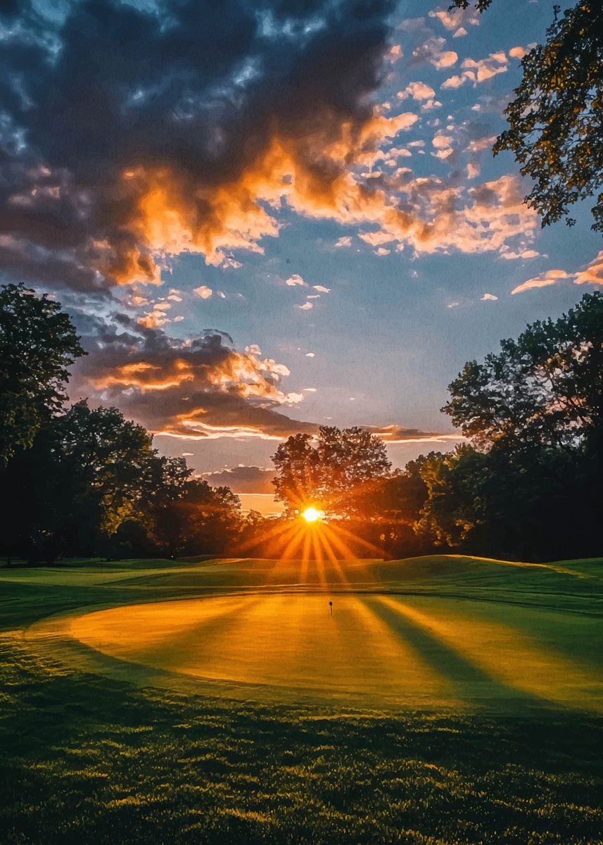 'Sunset Golf Course Landscape' Poster, picture, metal print, paint by ...