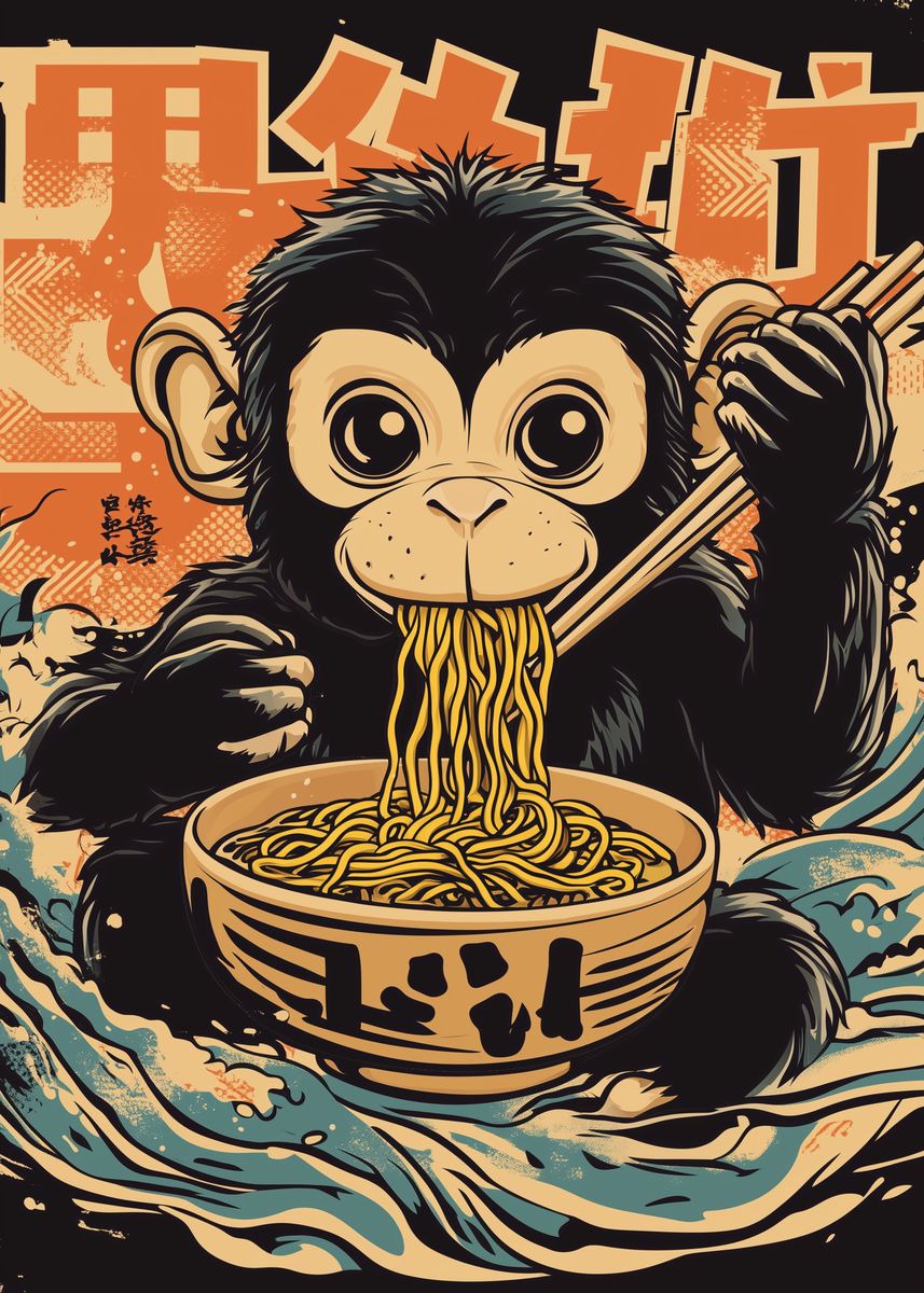 'Monkey ramen japan' Poster, picture, metal print, paint by Waelx ...