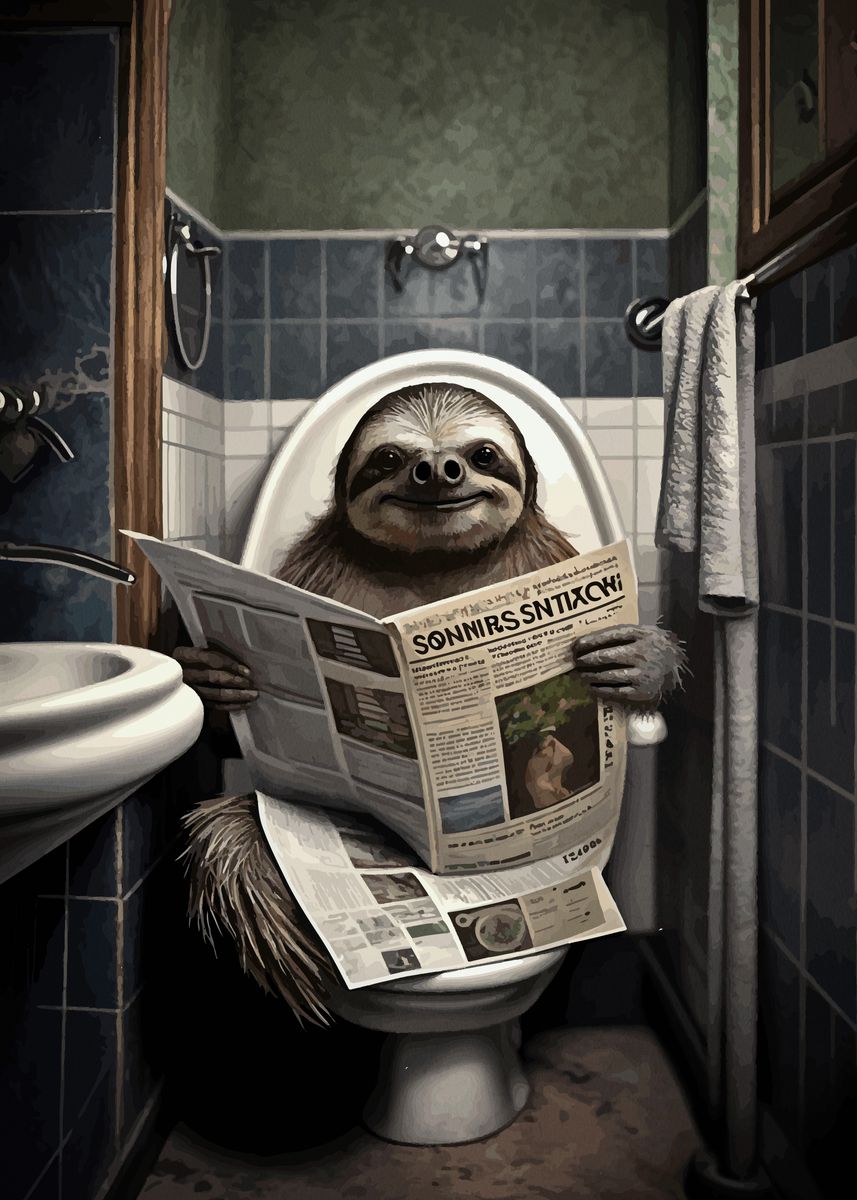 'Sloth Reading Newspaper' Poster, picture, metal print, paint by ...