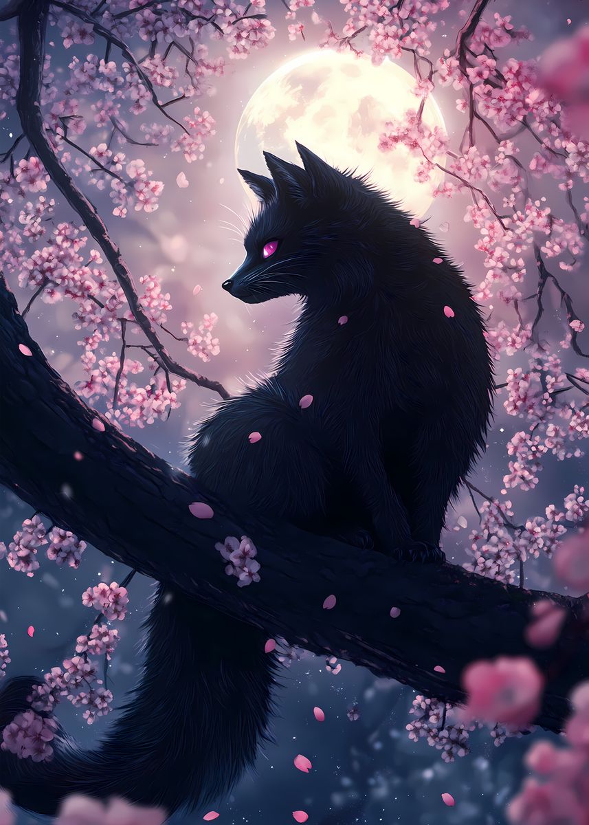 'Japanese Black Fox Kitsune Cat in Cherry Blossoms' Poster, picture ...