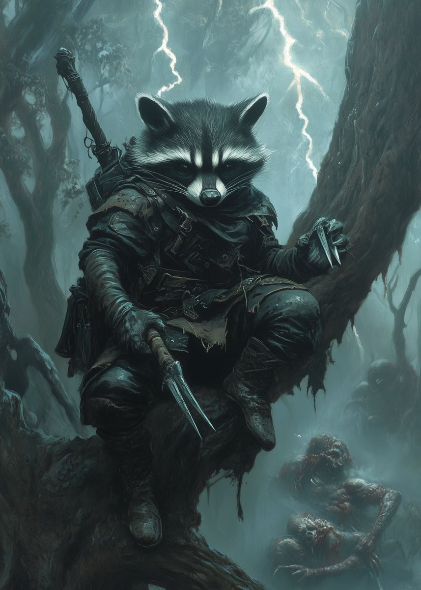 'Raccoon Warrior' Poster, picture, metal print, paint by Barex | Displate