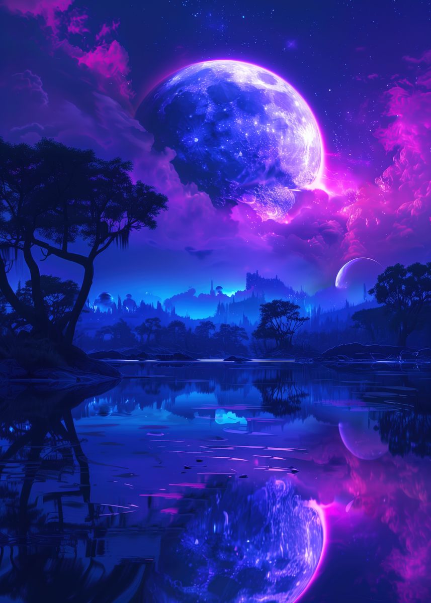 'Double Moon Night Sky ' Poster, picture, metal print, paint by CINEMO ...