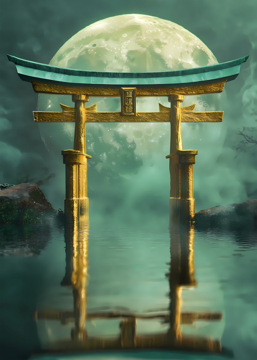 'Golden Torii Gate Under Moon' Poster, picture, metal print, paint by ...