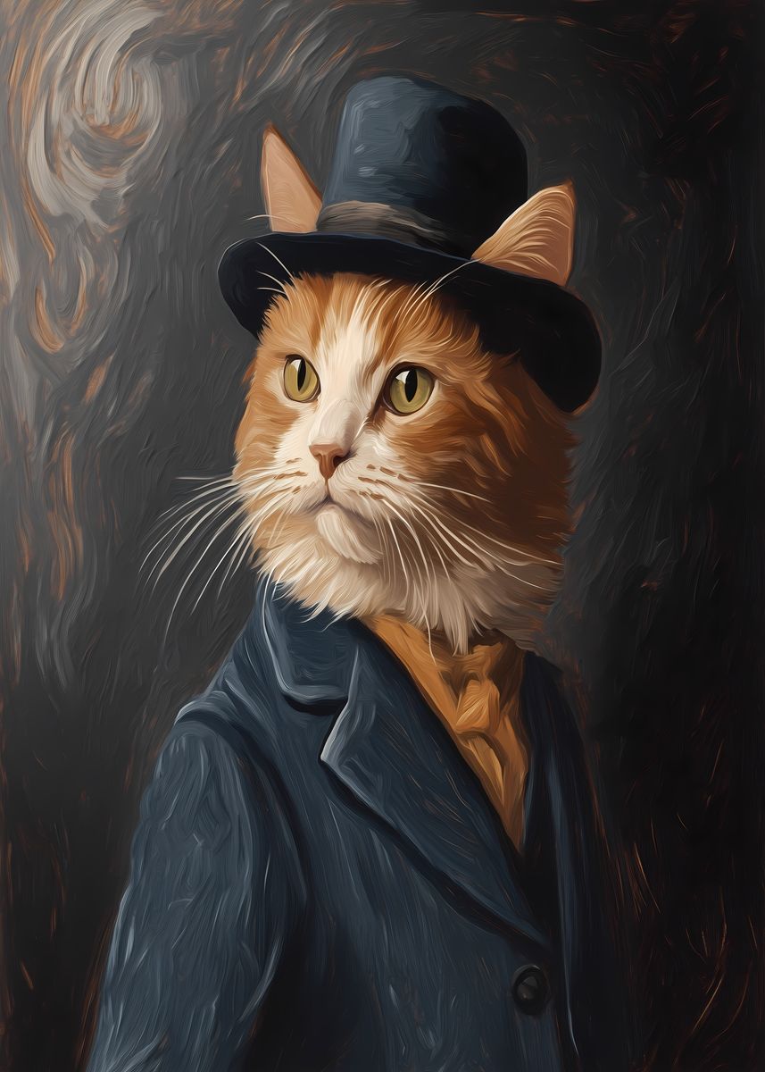 'Cat in Top Hat Portrait' Poster, picture, metal print, paint by | Displate