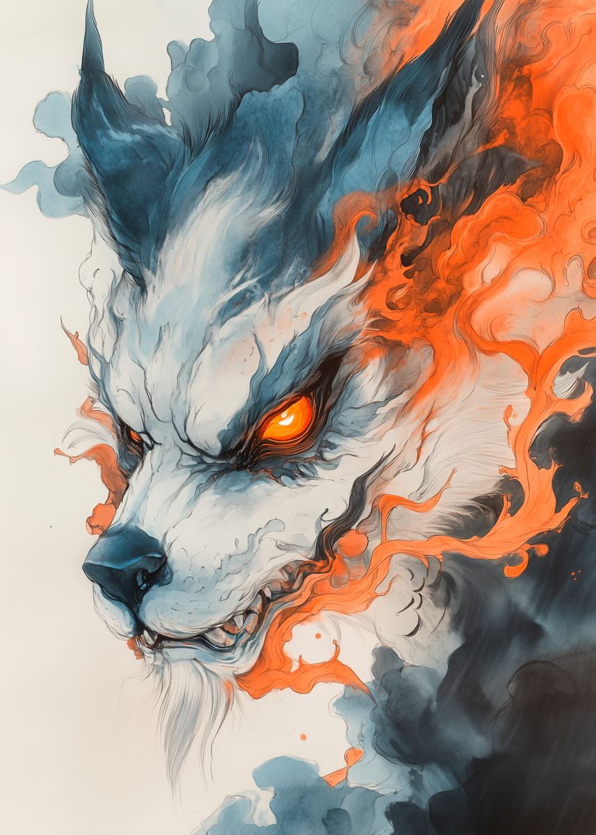 'Yokai Kitsune Fox Watercolor' Poster, picture, metal print, paint by ...
