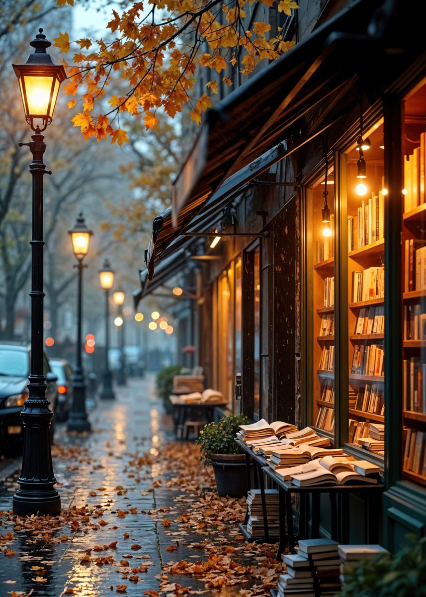 'Rainy Bookstore Street' Poster, picture, metal print, paint by ...