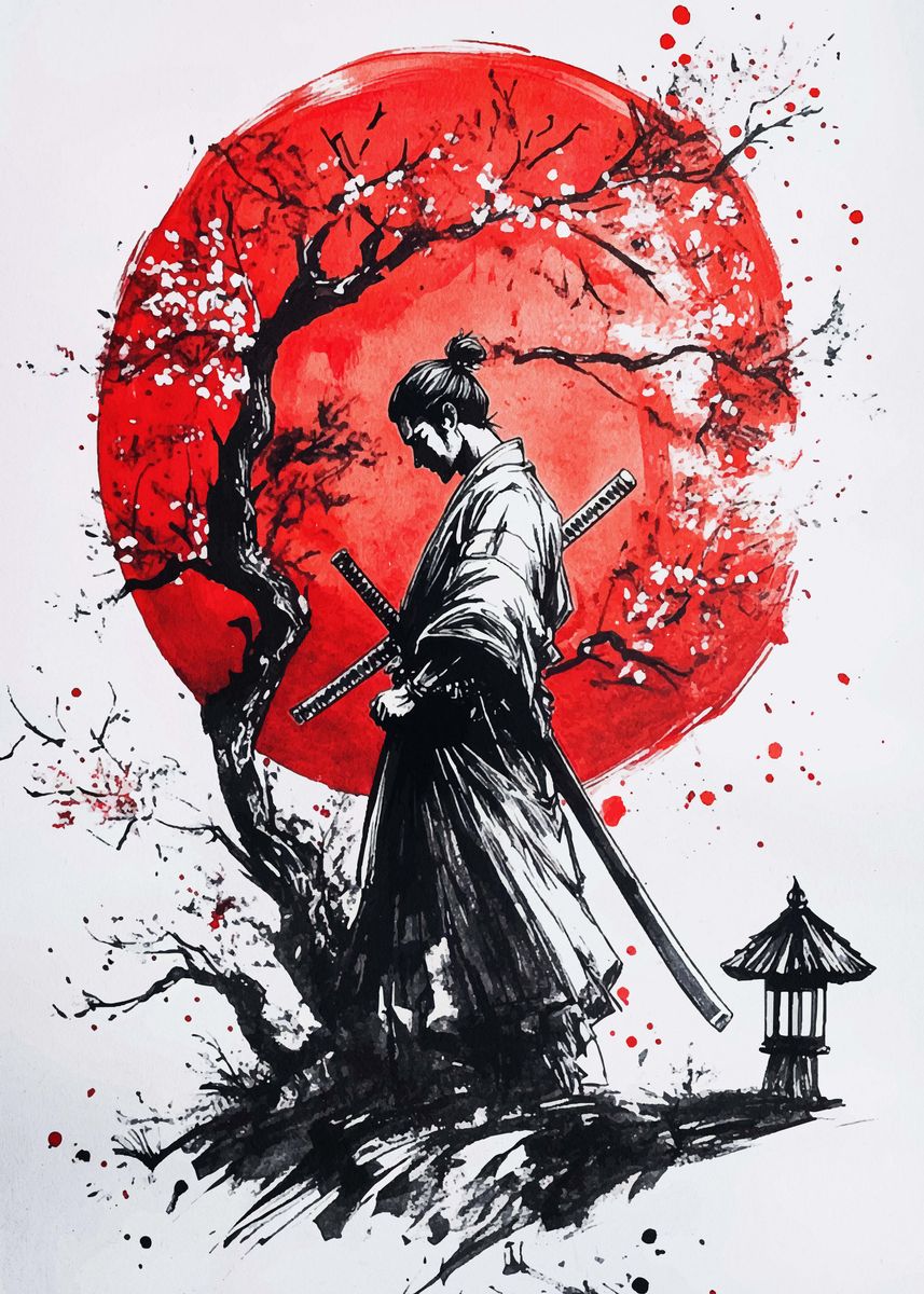 'Samurai Under Red Moon' Poster, picture, metal print, paint by Muna ...