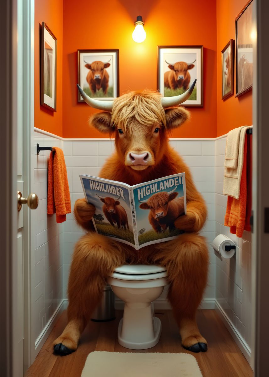 'Highland Cow Toilet Humor' Poster, picture, metal print, paint by The ...