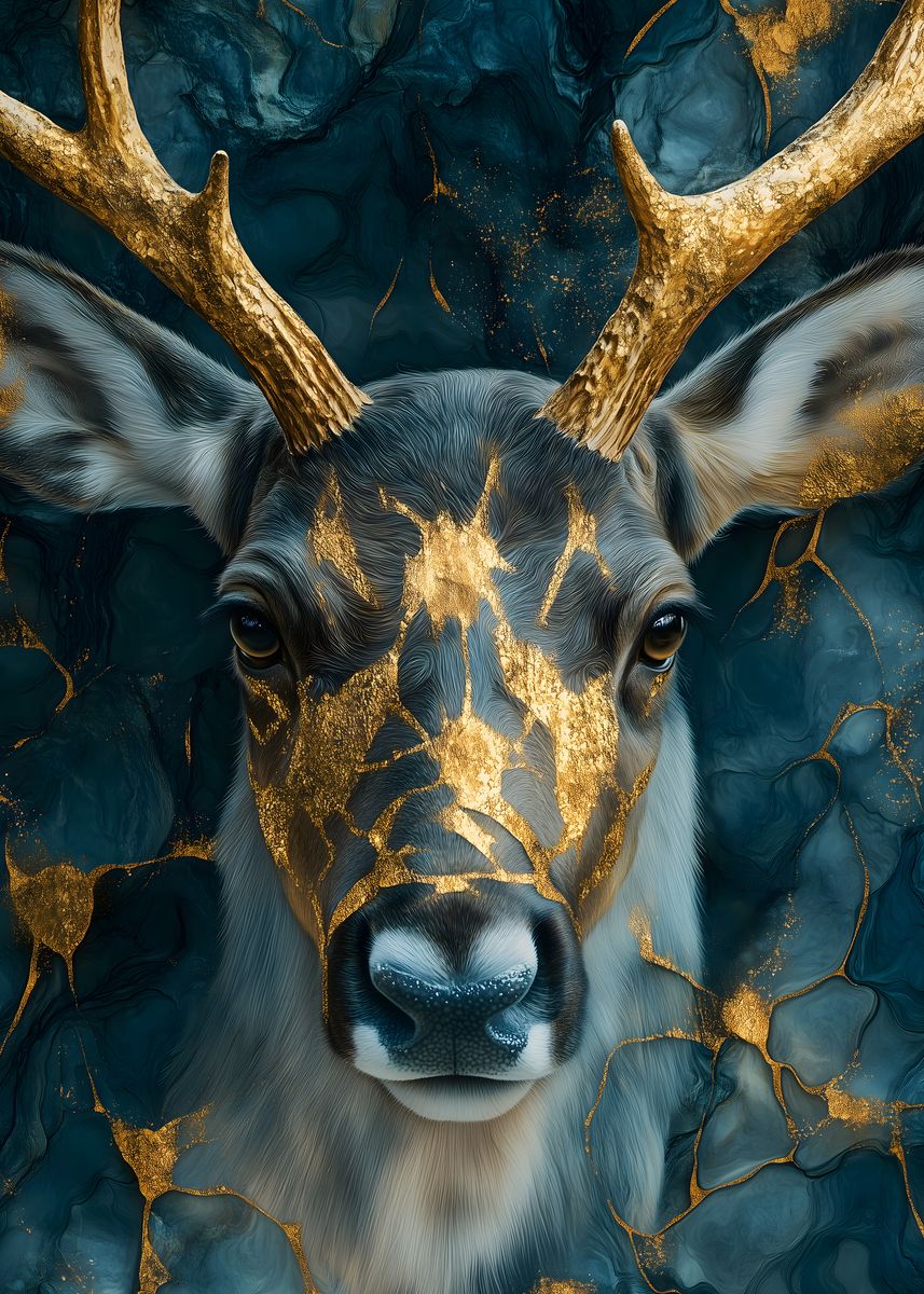 'Golden Deer Reindeer' Poster, picture, metal print, paint by Melvina ...