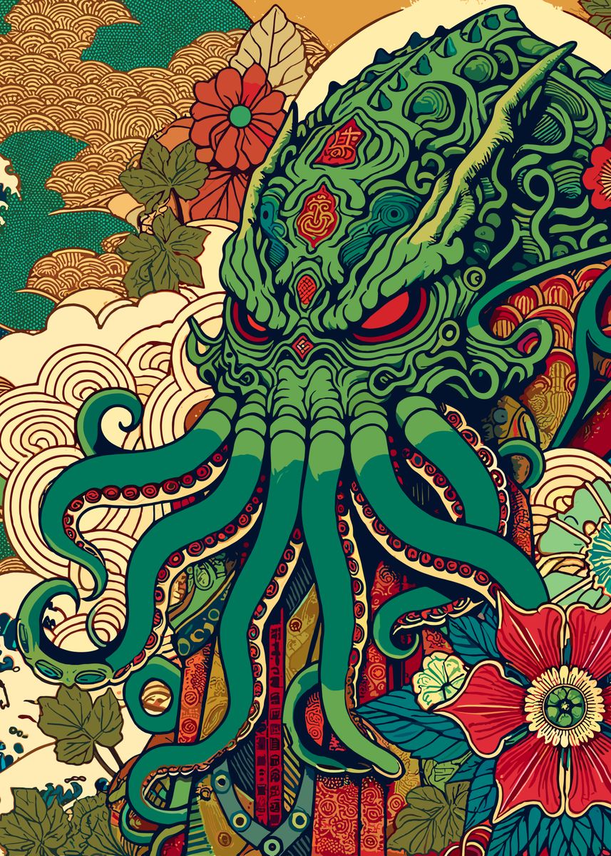 'Japanese Kraken Cthulhu Illustration' Poster, picture, metal print ...