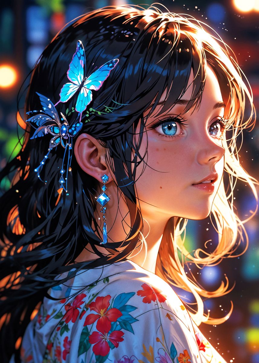 'Anime Girl with Butterfly Hair Clip' Poster, picture, metal print ...