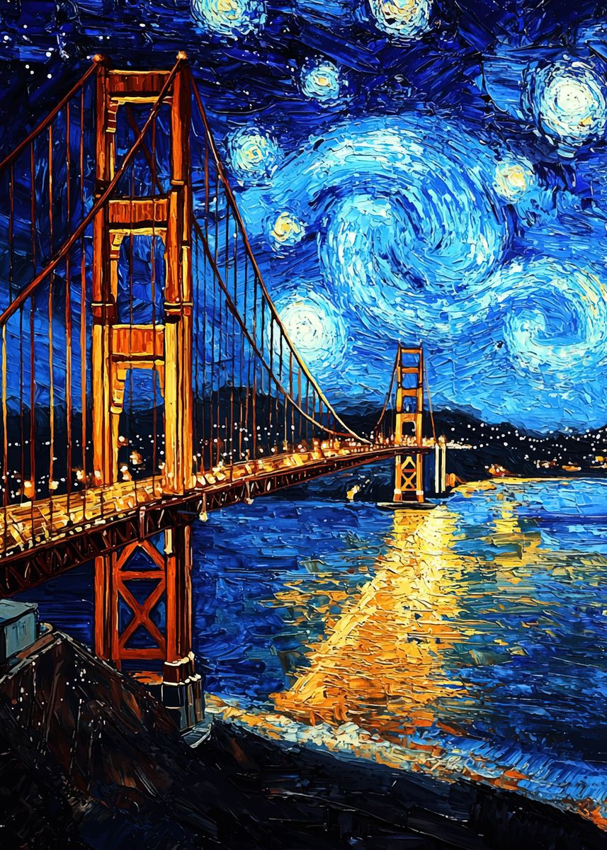 'Golden Gate Bridge Starry Night' Poster, picture, metal print, paint ...