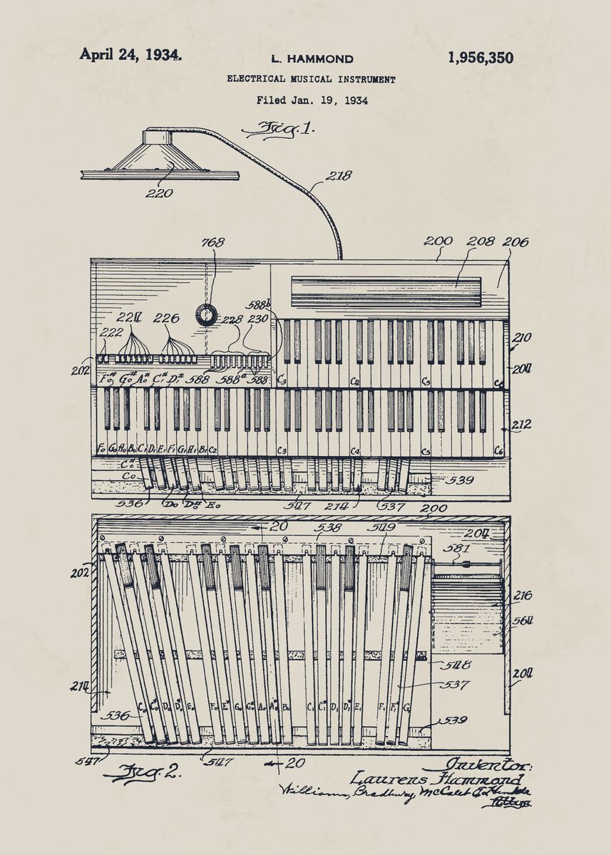 'Hammond Organ Patent Drawing' Poster, picture, metal print, paint by ...