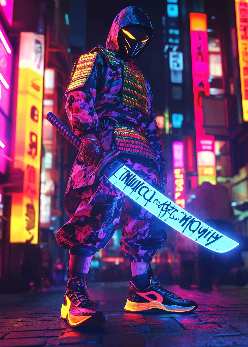 'Neon Samurai Cyberpunk' Poster, picture, metal print, paint by Traci ...