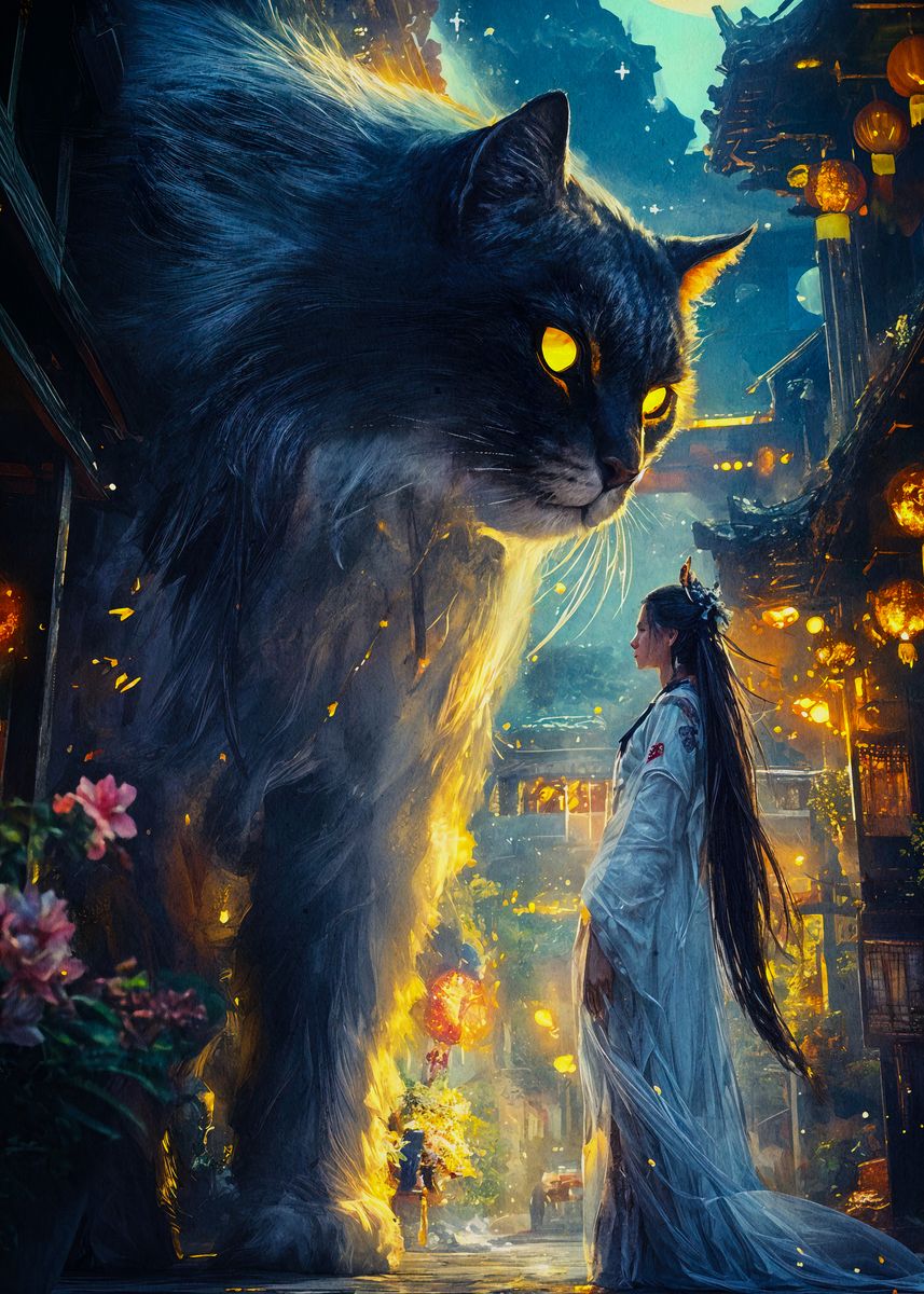 'Giant Cat and Woman' Poster, picture, metal print, paint by Viktor ...