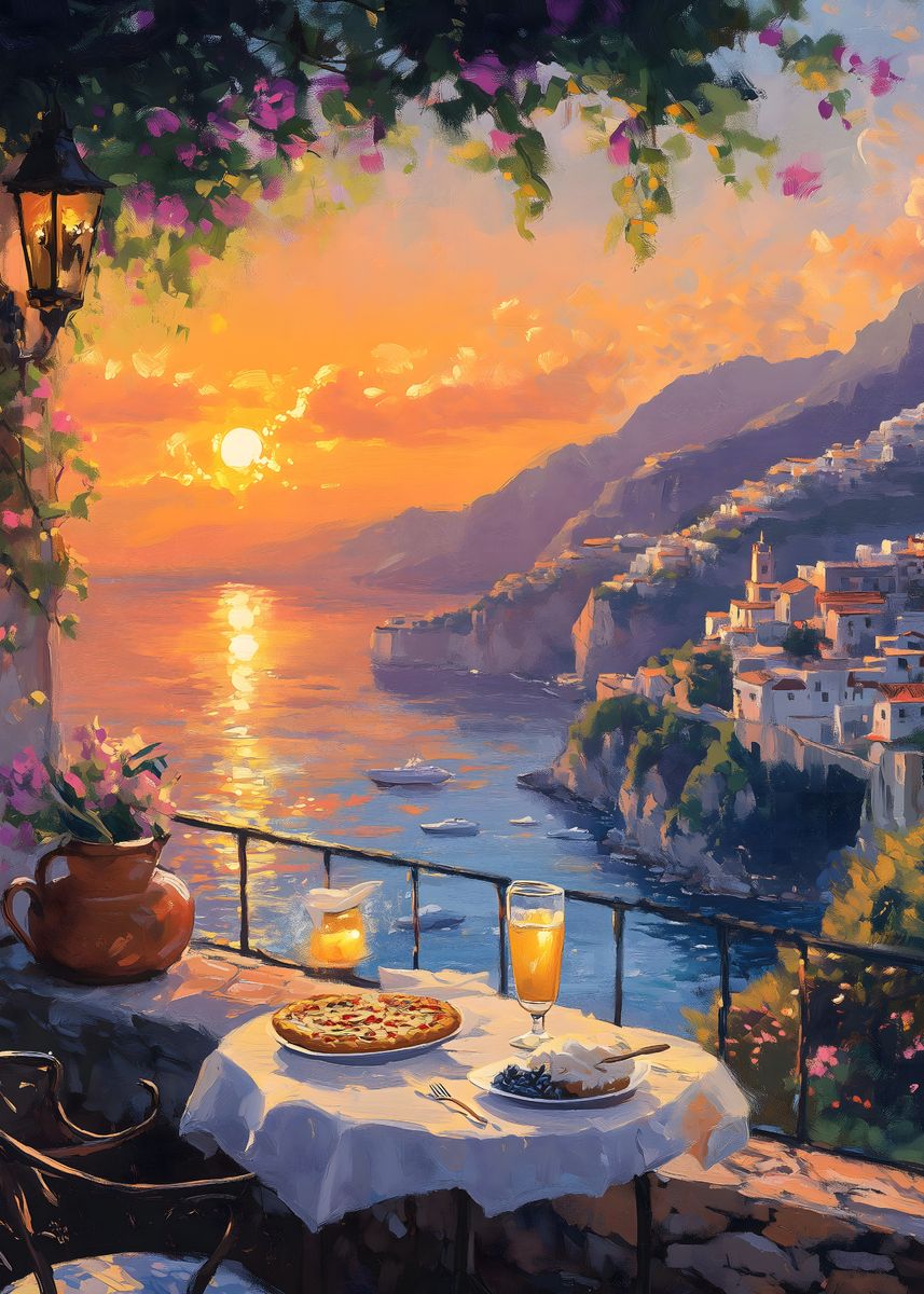 'Italia Sunset Dinner with a View ' Poster, picture, metal print, paint ...