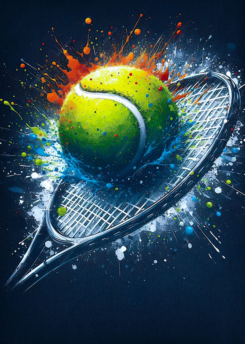 'Tennis Ball and Racket Splash' Poster, picture, metal print, paint by ...