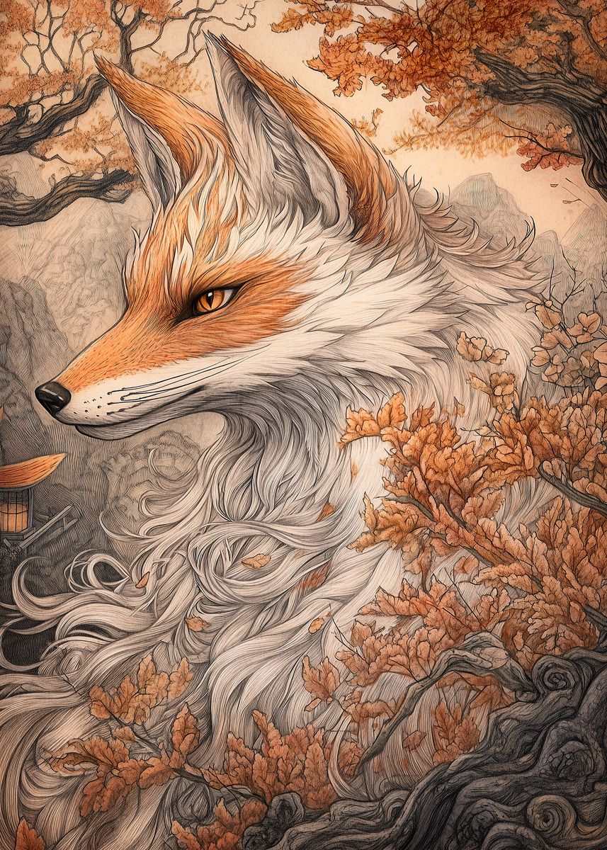 'Kitsune in Autumn' Poster, picture, metal print, paint by ...