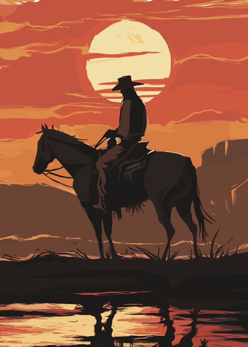 'Cowboy at Sunset' Poster, picture, metal print, paint by Nizar Brahem ...