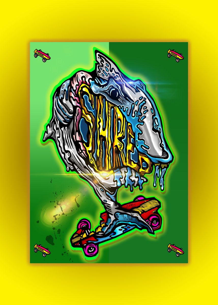'Shred Shark' Poster, picture, metal print, paint by Vince Vaitiekunas ...