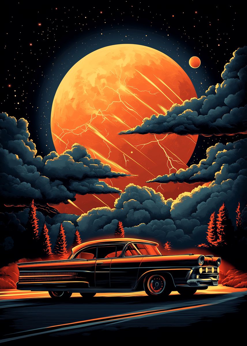 'Classic Car Under Cosmic Sky' Poster, picture, metal print, paint by ...