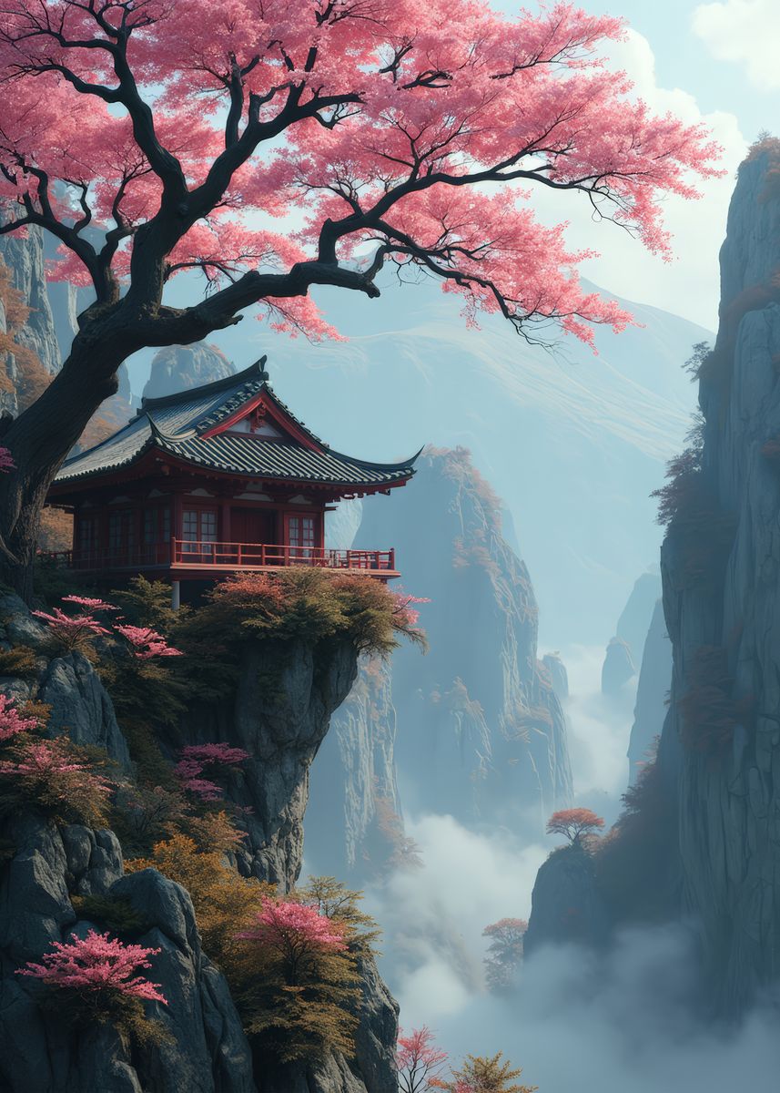 'Japanese Temple Cliffside' Poster, picture, metal print, paint by The ...