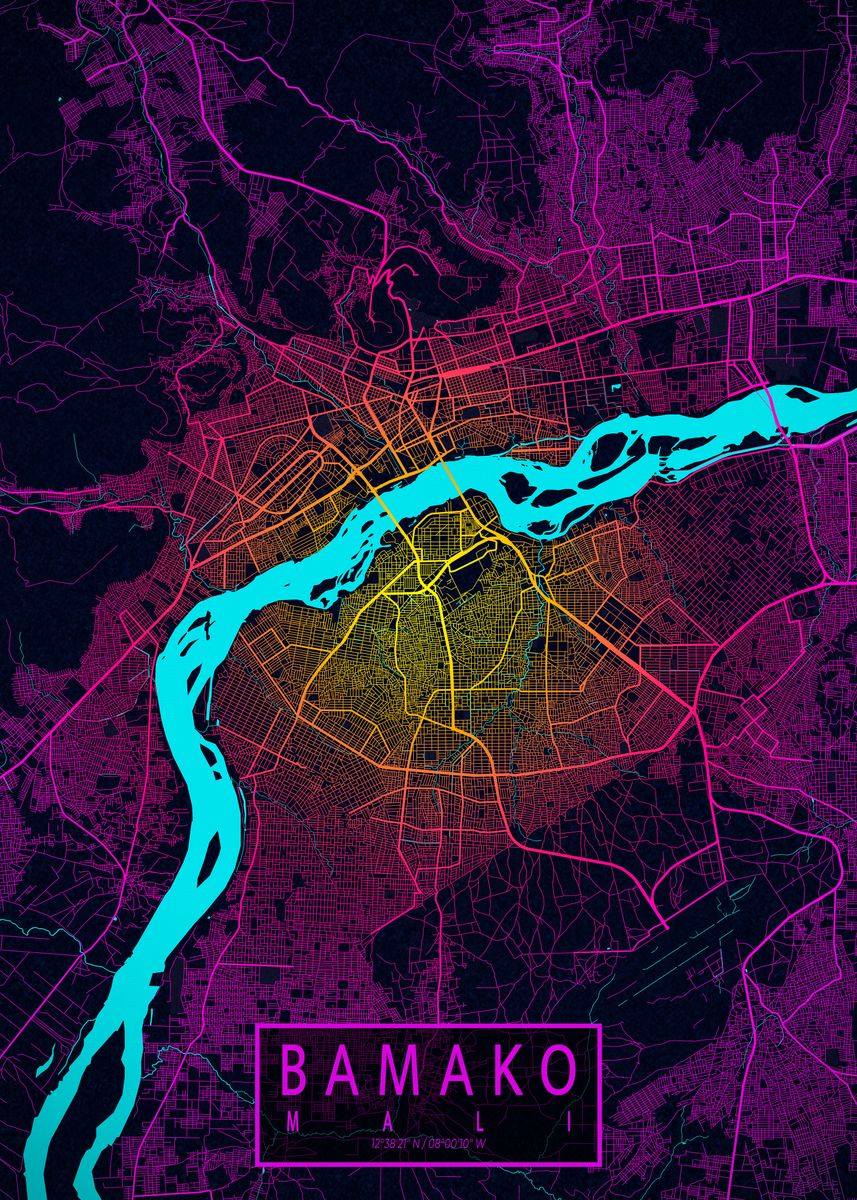 'Bamako City Map Neon' Poster, picture, metal print, paint by deMAP ...