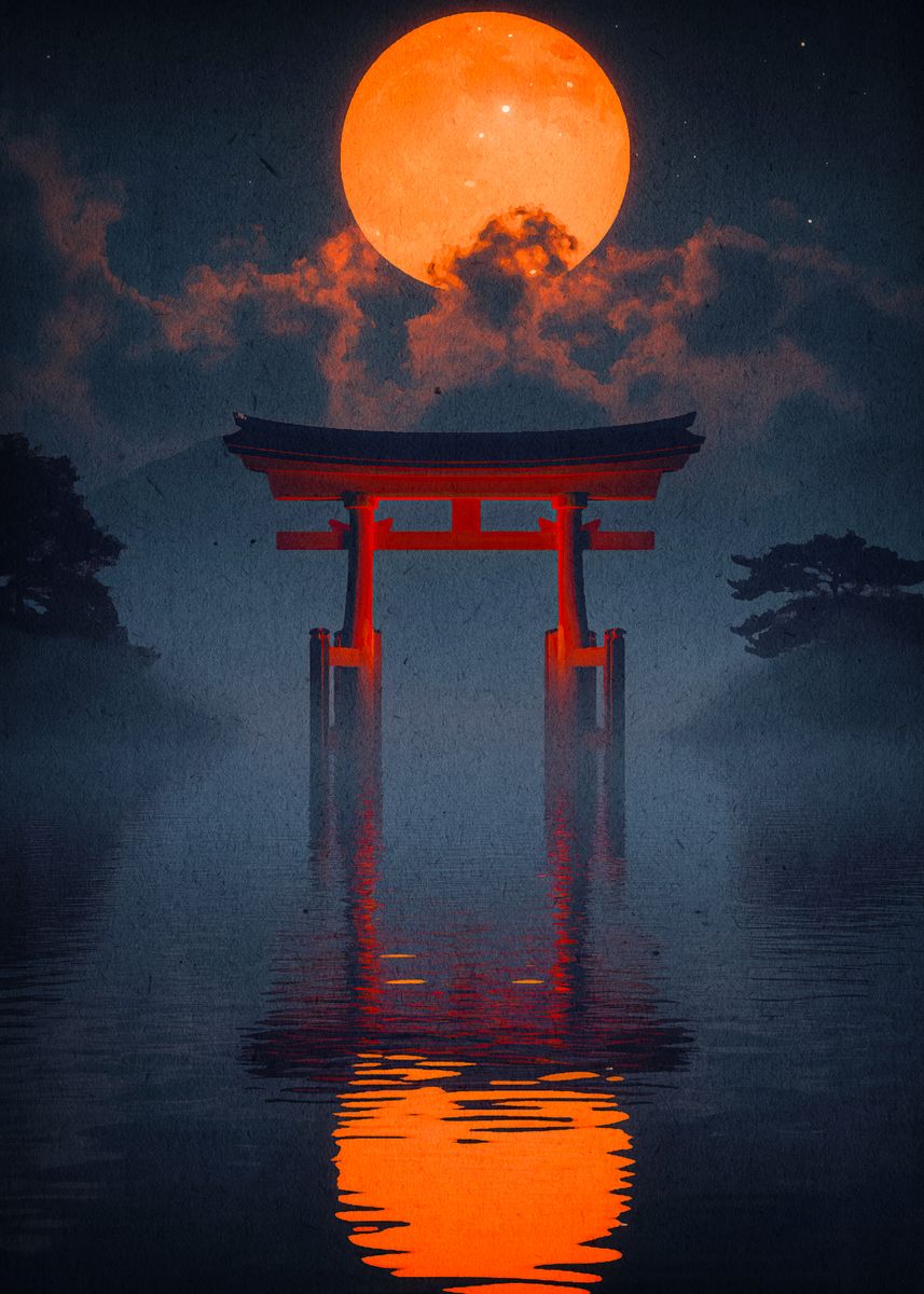 'Japanese Gate Under Red Moon' Poster, picture, metal print, paint by ...