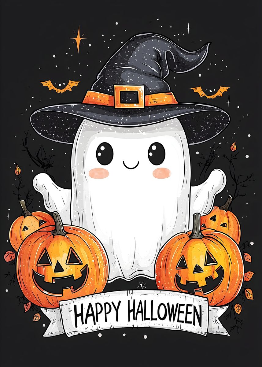 'Cute Ghost happy Halloween' Poster, picture, metal print, paint by ...