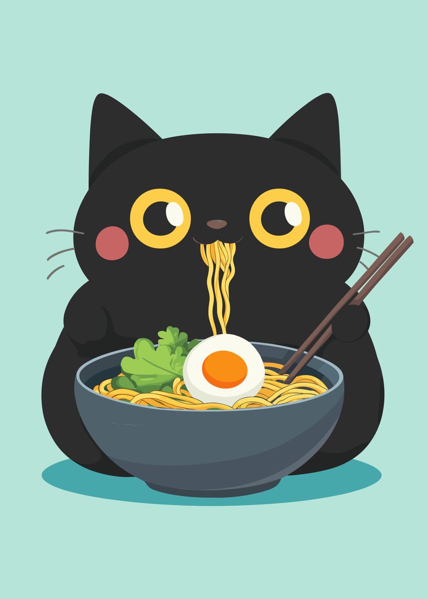 'Black Cat Eating Ramen' Poster, picture, metal print, paint by CINEMO ...