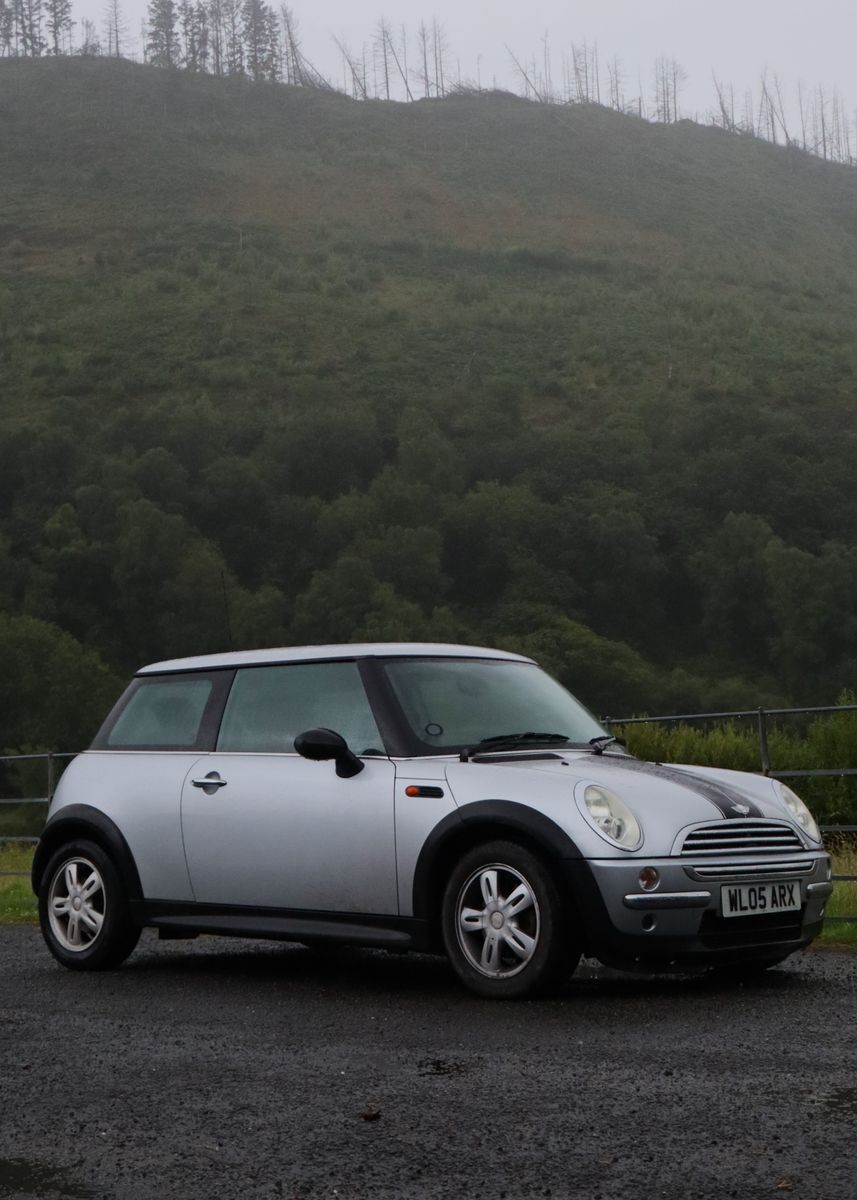 'Silver Mini Cooper in Foggy Forest' Poster, picture, metal print ...