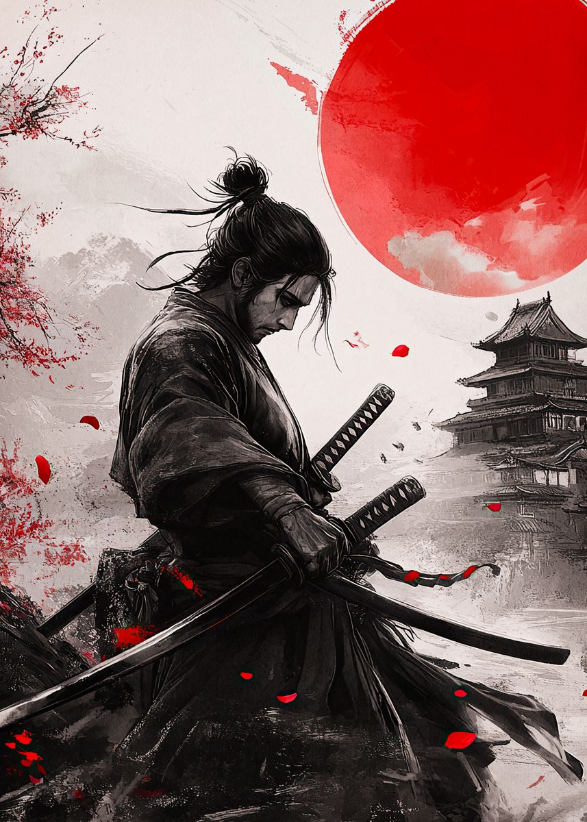 'Samurai with Red Moon' Poster, picture, metal print, paint by Digby ...