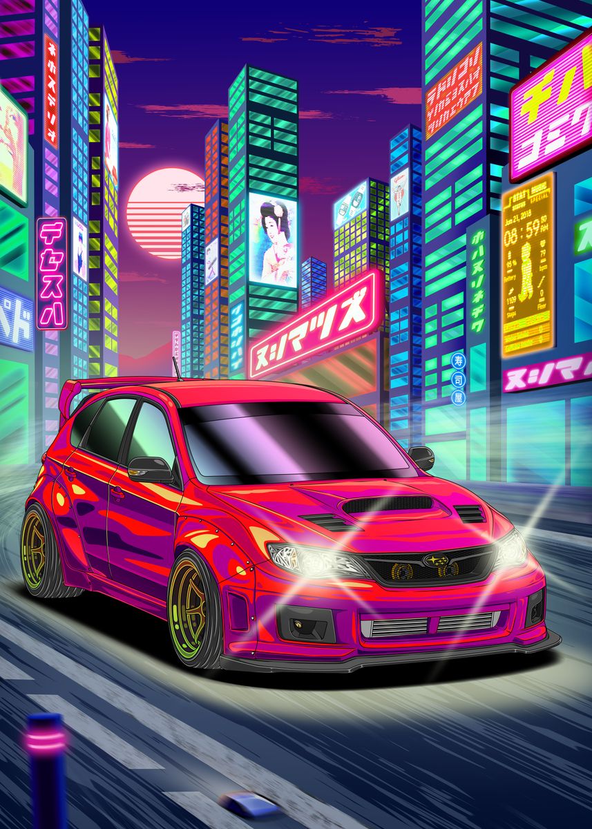 'Subaru Impreza WRX Hatchback Tokyo Night' Poster, picture, metal print, paint by Navin Guyvit ...