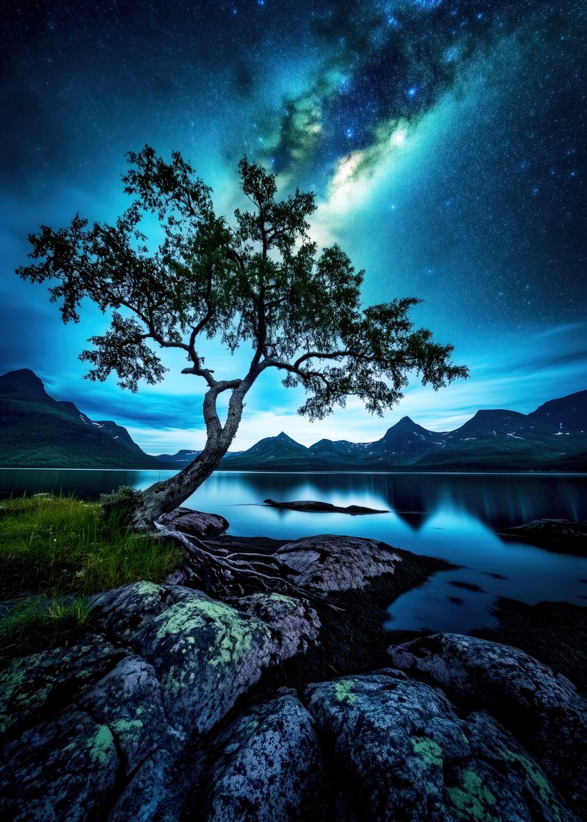'Stars Over Lake' Poster, picture, metal print, paint by CINEMO | Displate