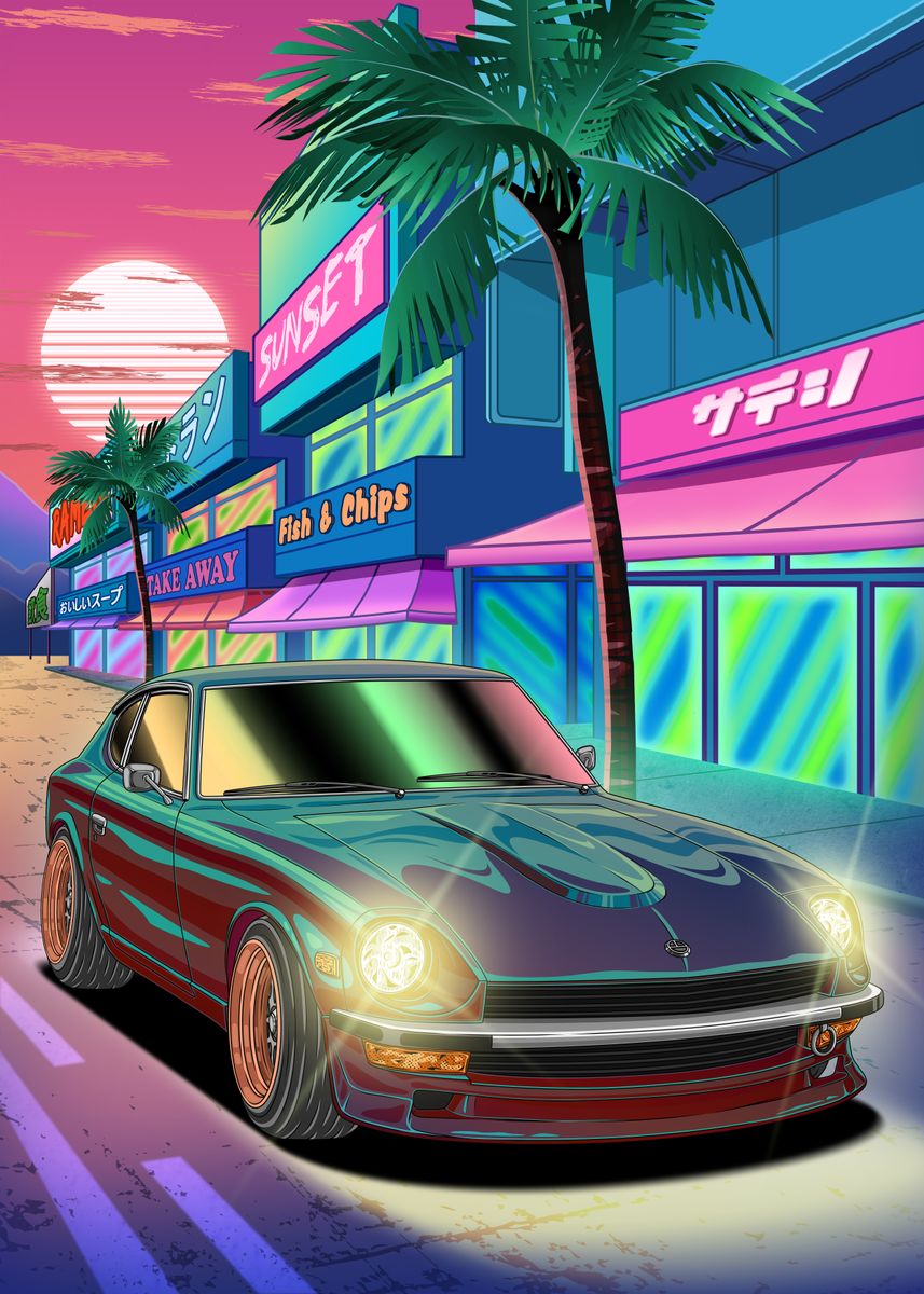 'Datsun 240z Neon Sunset Dream' Poster, picture, metal print, paint by ...