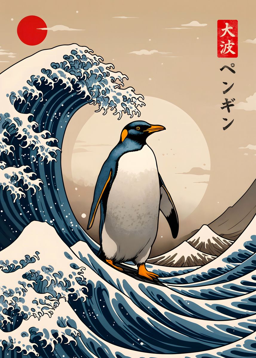 'Penguin Great Wave' Poster, picture, metal print, paint by Illust Artz ...