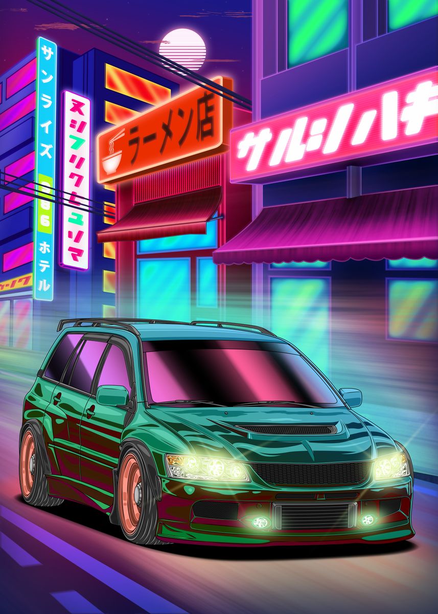 'Mitsubishi Lancer Evo Wagon Neon Night' Poster, picture, metal print ...