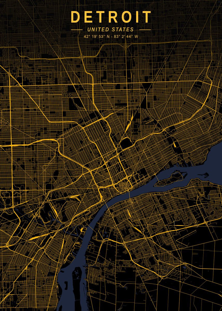 'Detroit Golden City Map' Poster, picture, metal print, paint by ...