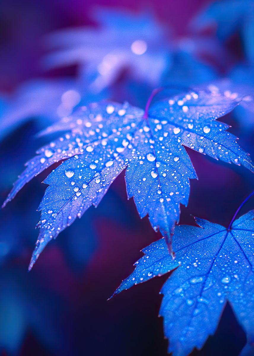 'Blue Maple Tree Leaves with Dew Drops' Poster, picture, metal print ...