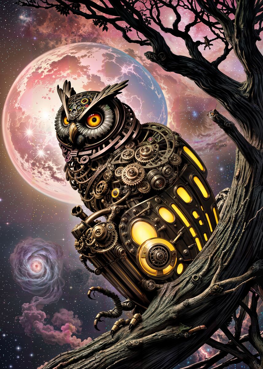 'Steampunk Owl in Space' Poster, picture, metal print, paint by ...