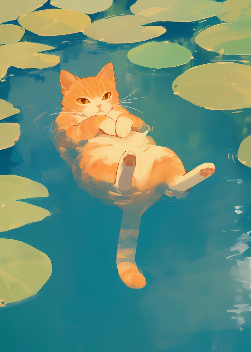 'Orange Cat Floating in Water' Poster, picture, metal print, paint by ...