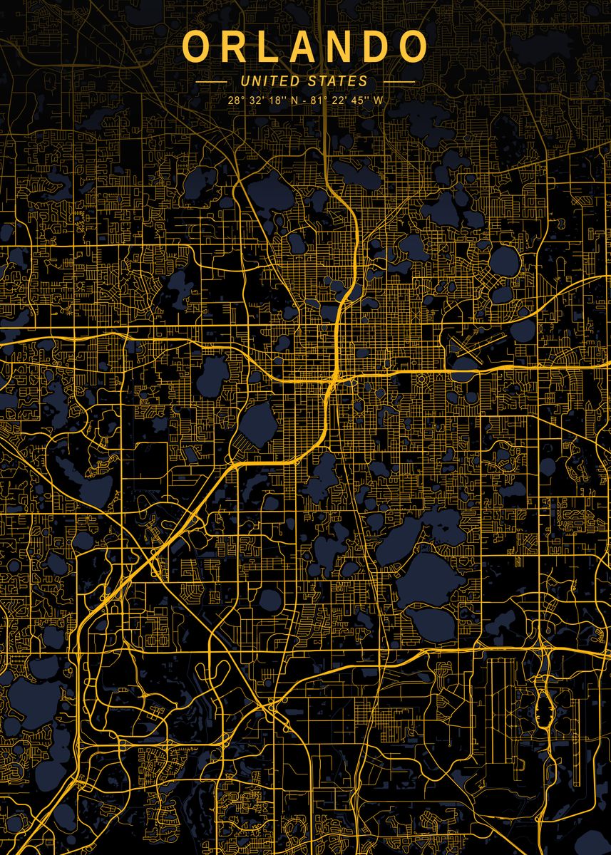 'Orlando Golden City Map' Poster, picture, metal print, paint by ...