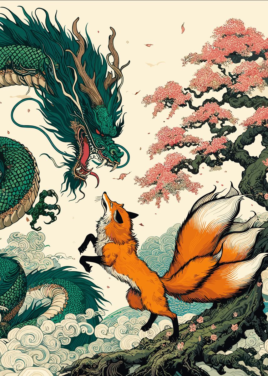 'Dragon vs Kitsune Anime Japanese' Poster, picture, metal print, paint ...