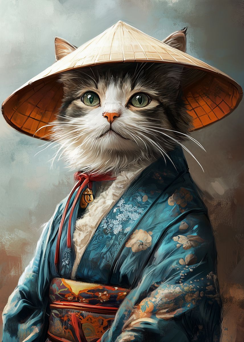 'Japanese Cat in Kimono' Poster, picture, metal print, paint by | Displate